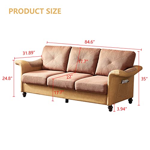 Myshle, Futon Sleeper Sofa Bed Mid-Century Modern Linen Fabric Faux Leather Sectional Couch for Living Room with 6 Wood Legs and 2 Removable Storage Boxes, Red Brown