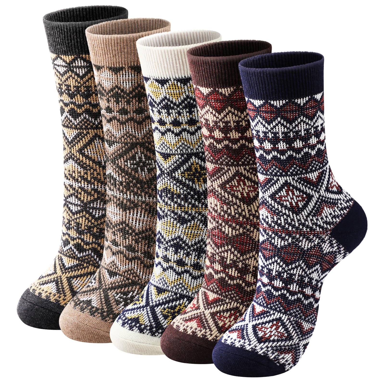 Trifabricy 5 Pairs Comfortable and Warm Wool Socks - Thick Knit Cabin Socks for Women and Men, Cozy Winter Gifts