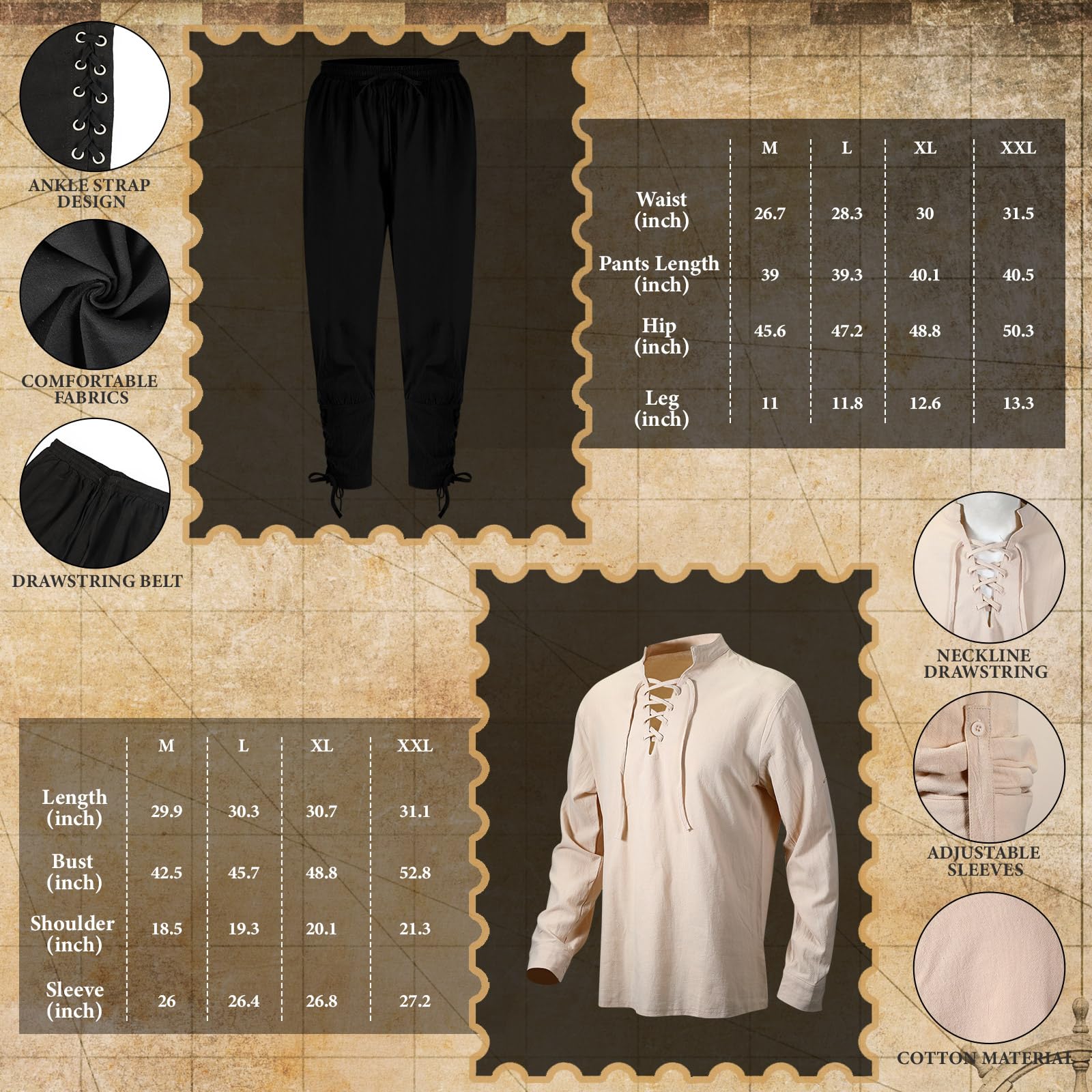 Xtinmee 4 Pcs Halloween Men Renaissance Costume Set Medieval Pirate Viking Costume Shirt Pant Belt Bag(Black, Beige Coffee,Large)