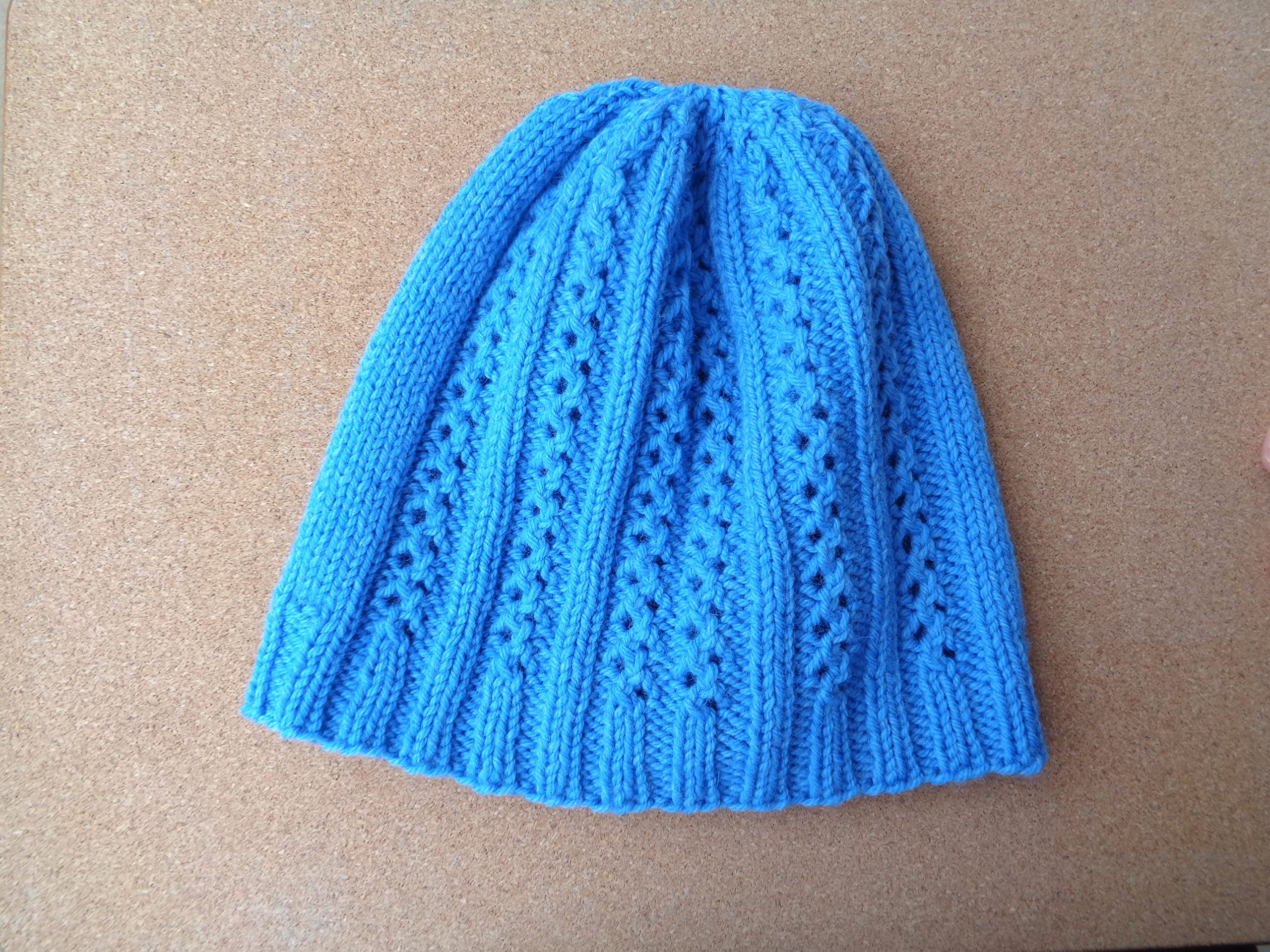 Womens Beanie Hat with Lace Design, Sky Blue, 100% Wool, Hand Knit Snug Cap, Teen Girls Skater Skullie