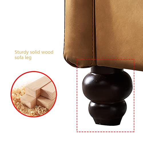 Myshle, Futon Sleeper Sofa Bed Mid-Century Modern Linen Fabric Faux Leather Sectional Couch for Living Room with 6 Wood Legs and 2 Removable Storage Boxes, Red Brown