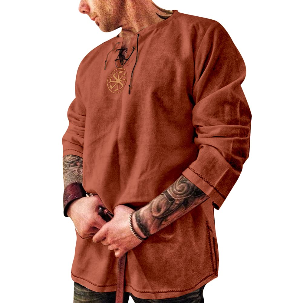Men's Fashion Cotton Linen Shirt Long Sleeve Solid Color Ethnic Beach Yoga Top Brick Orange XL