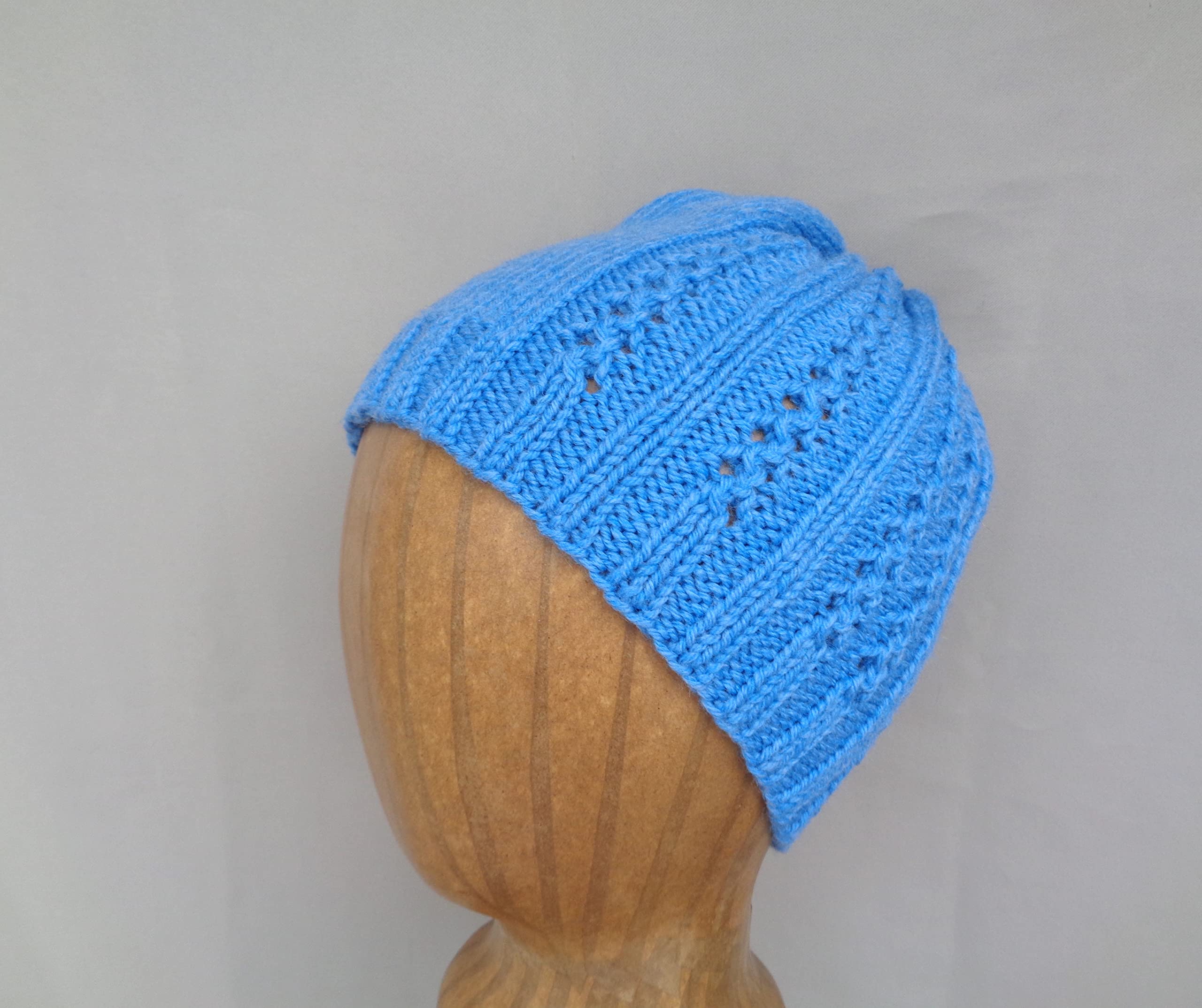 Womens Beanie Hat with Lace Design, Sky Blue, 100% Wool, Hand Knit Snug Cap, Teen Girls Skater Skullie