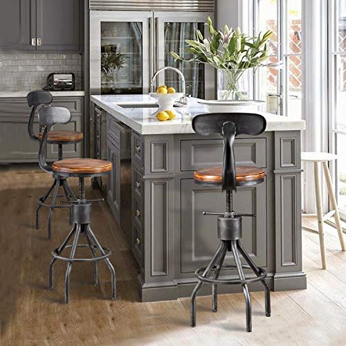Diwhy Industrial Vintage Bar Stool,Kitchen Counter Height Adjustable Pipe Stool,Cast Iron Stool,Swivel Bar Stool with Backrest,Metal Stool,Silver,Fully Welded Set of 2 (Wooden Top)