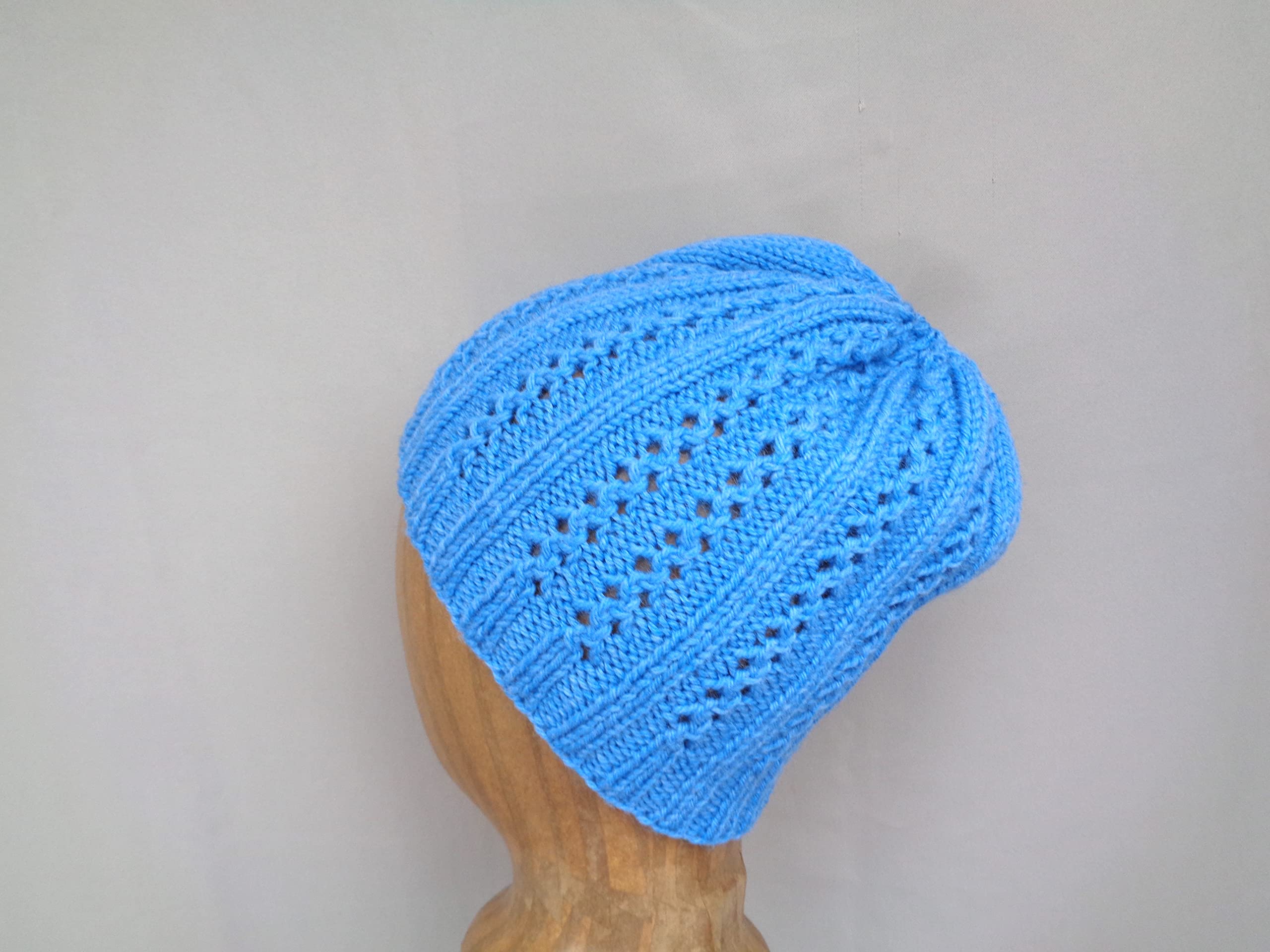 Womens Beanie Hat with Lace Design, Sky Blue, 100% Wool, Hand Knit Snug Cap, Teen Girls Skater Skullie