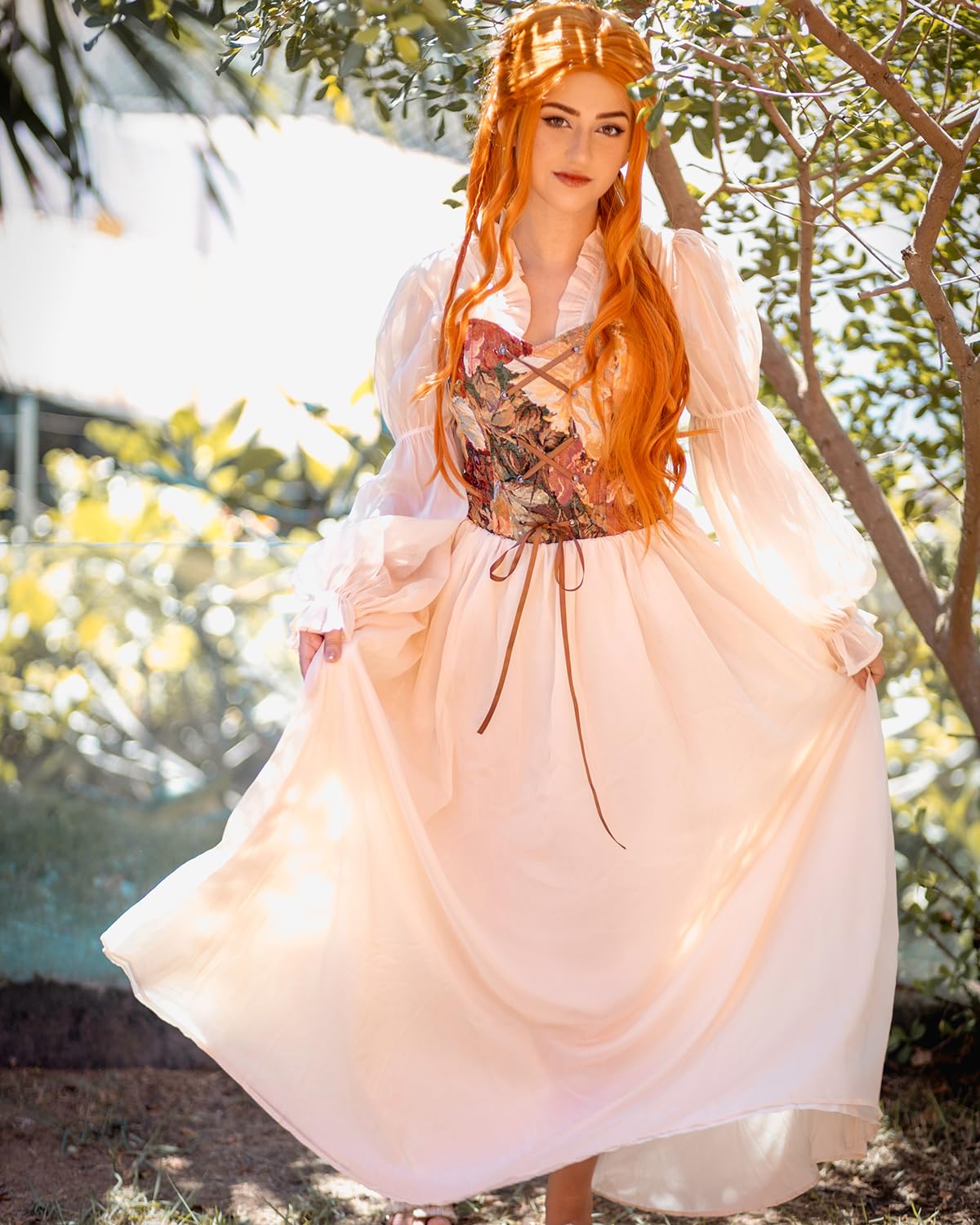 LTAKK Renaissance Dress Women Medieval Costume Victorian Ren Fair Dresses with Floral Corset, Beige, Large