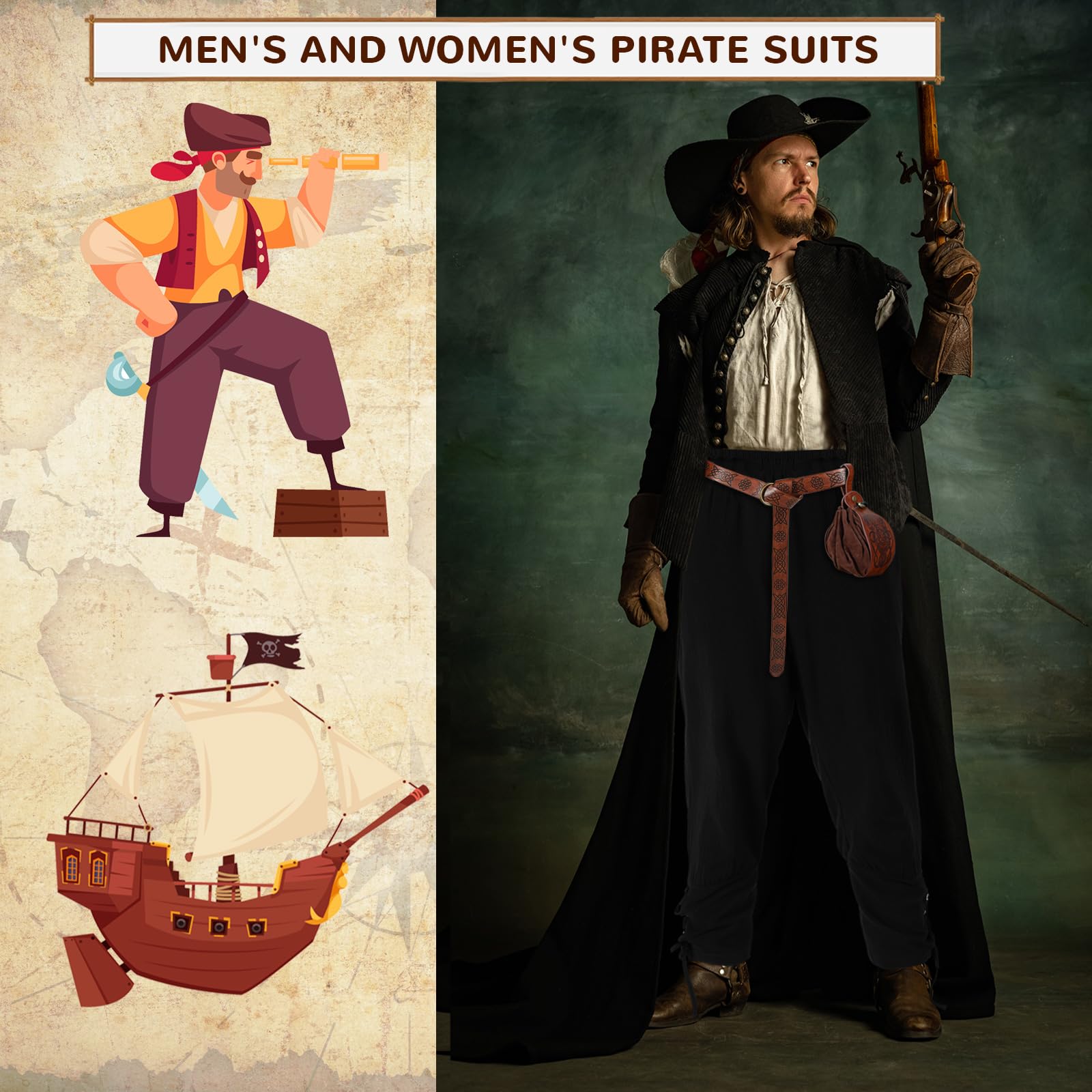 Xtinmee 4 Pcs Halloween Men Renaissance Costume Set Medieval Pirate Viking Costume Shirt Pant Belt Bag(Black, Beige Coffee,Large)