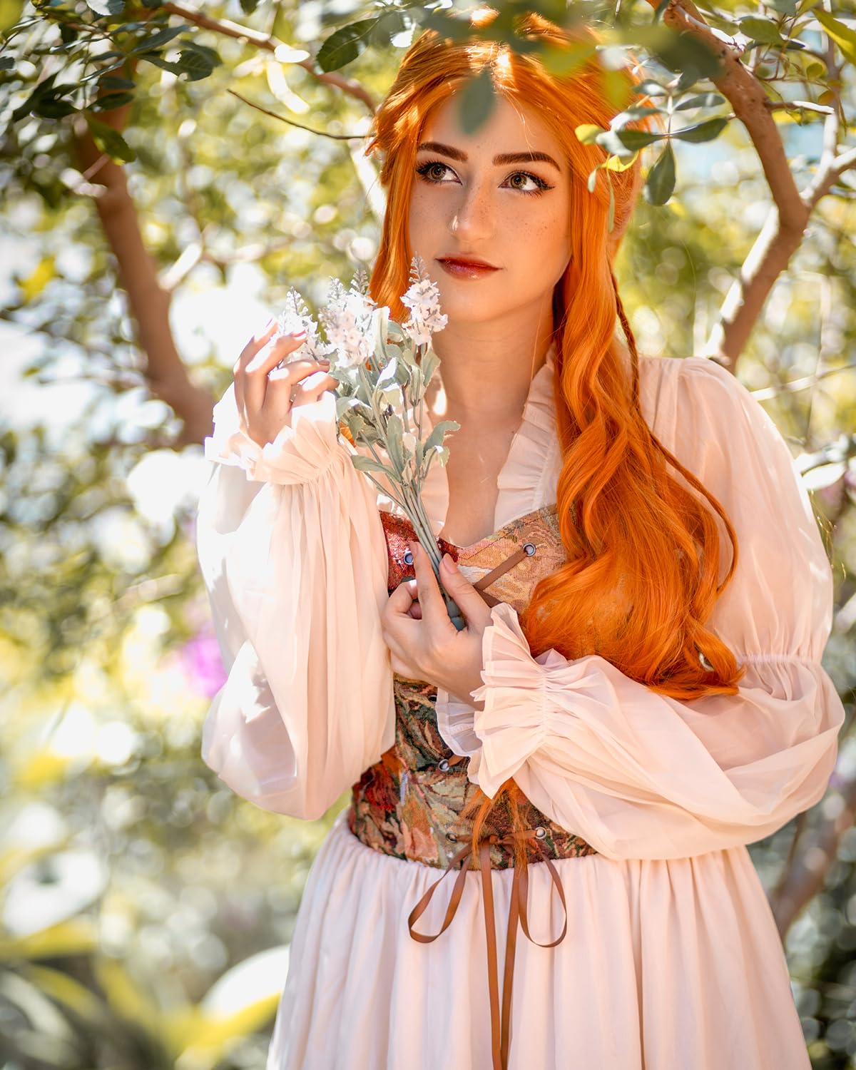 LTAKK Renaissance Dress Women Medieval Costume Victorian Ren Fair Dresses with Floral Corset, Beige, Large