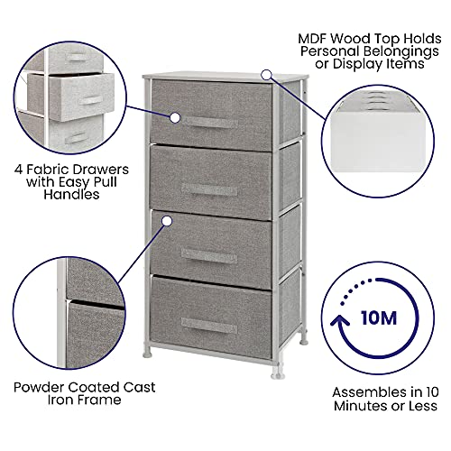 Flash Furniture 4 Drawer Storage Dresser - White Cast Iron Frame and Wood Top - 4 Easy Pull Light Gray Fabric Drawers