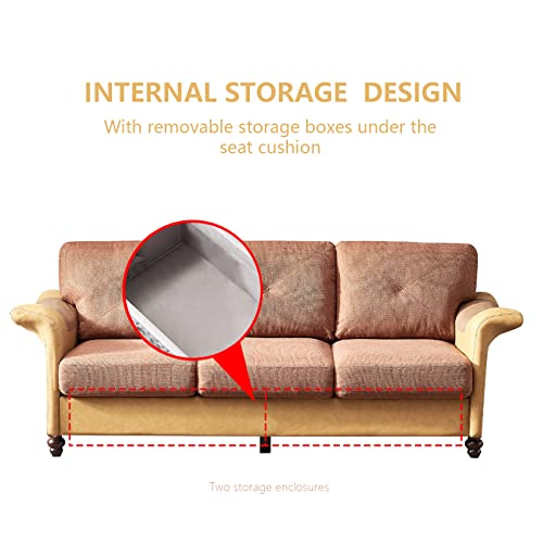 Myshle, Futon Sleeper Sofa Bed Mid-Century Modern Linen Fabric Faux Leather Sectional Couch for Living Room with 6 Wood Legs and 2 Removable Storage Boxes, Red Brown