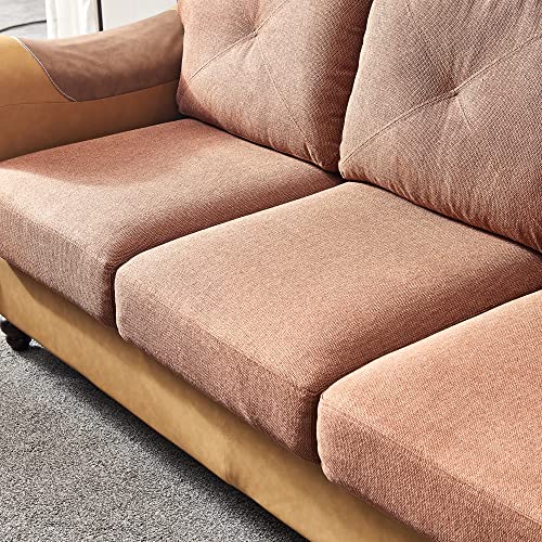 Myshle, Futon Sleeper Sofa Bed Mid-Century Modern Linen Fabric Faux Leather Sectional Couch for Living Room with 6 Wood Legs and 2 Removable Storage Boxes, Red Brown
