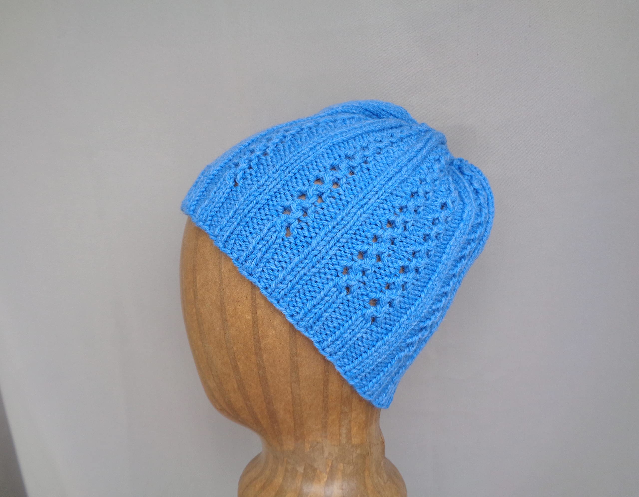 Womens Beanie Hat with Lace Design, Sky Blue, 100% Wool, Hand Knit Snug Cap, Teen Girls Skater Skullie