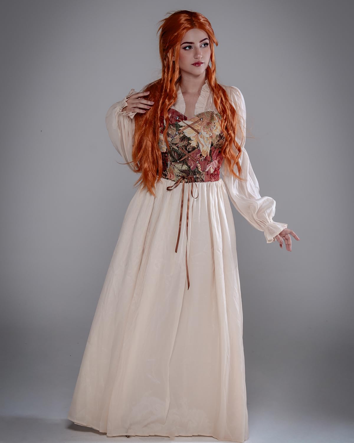 LTAKK Renaissance Dress Women Medieval Costume Victorian Ren Fair Dresses with Floral Corset, Beige, Large