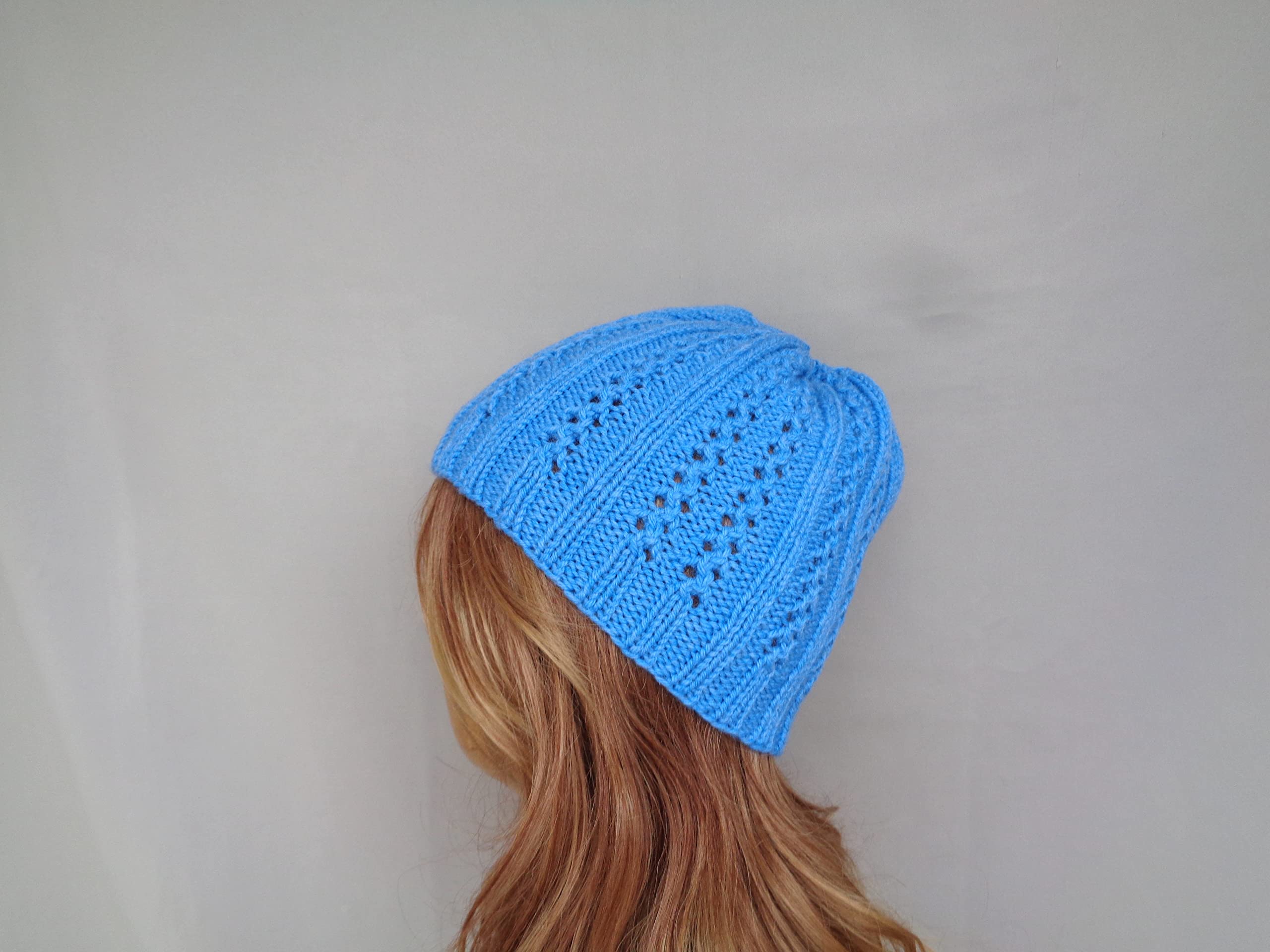 Womens Beanie Hat with Lace Design, Sky Blue, 100% Wool, Hand Knit Snug Cap, Teen Girls Skater Skullie