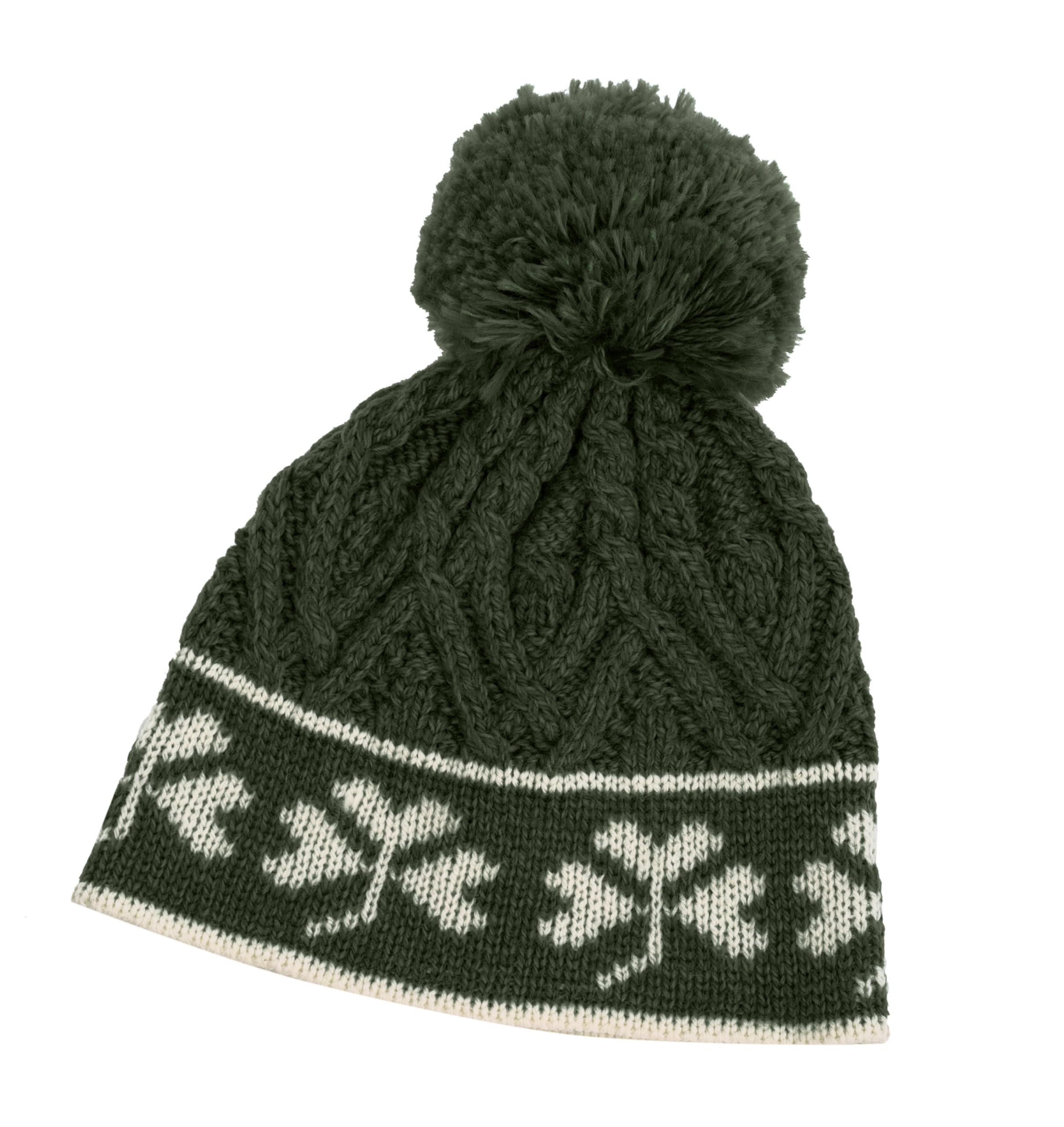 SAOL Women's 100% Merino Wool - Irish Shamrock Hat Aran Knit Beanie Pom Pom Style (Army Green)
