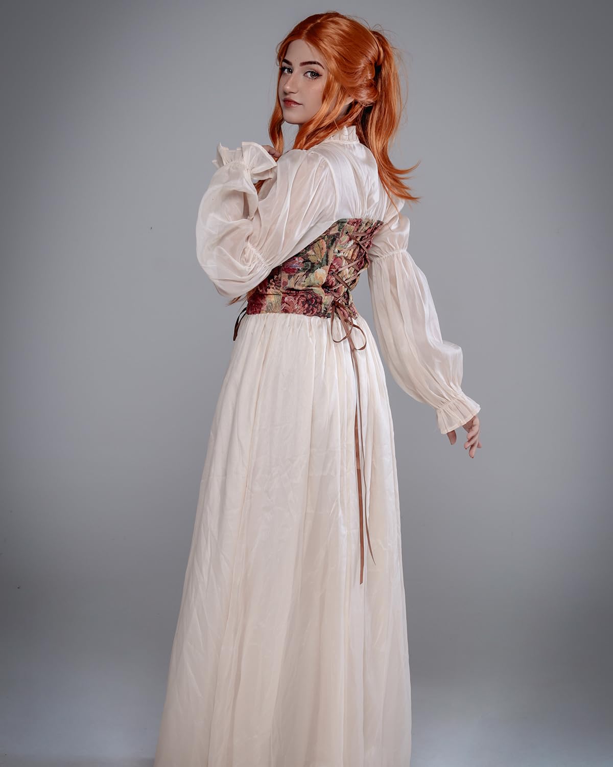 LTAKK Renaissance Dress Women Medieval Costume Victorian Ren Fair Dresses with Floral Corset, Beige, Large