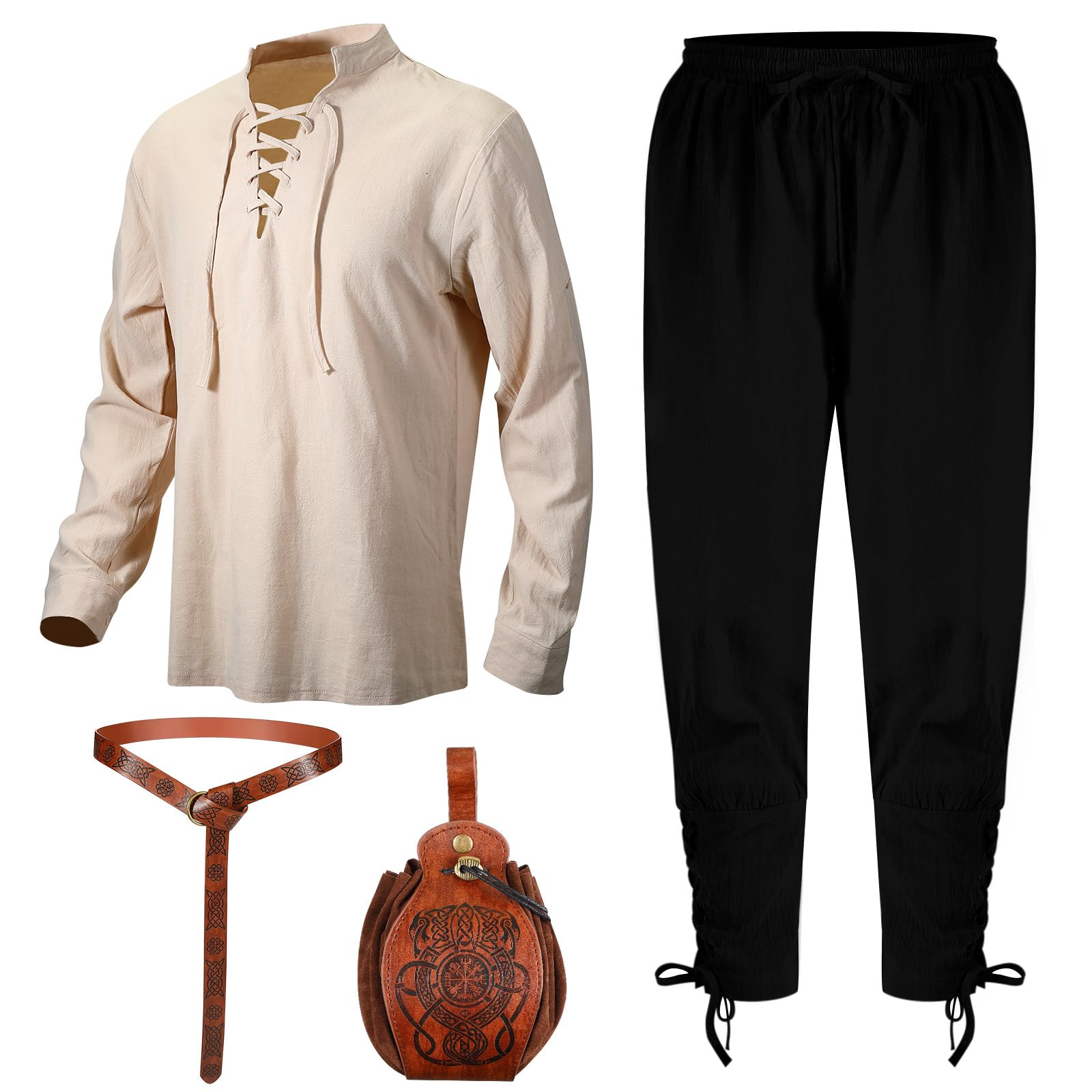 Xtinmee 4 Pcs Halloween Men Renaissance Costume Set Medieval Pirate Viking Costume Shirt Pant Belt Bag(Black, Beige Coffee,Large)