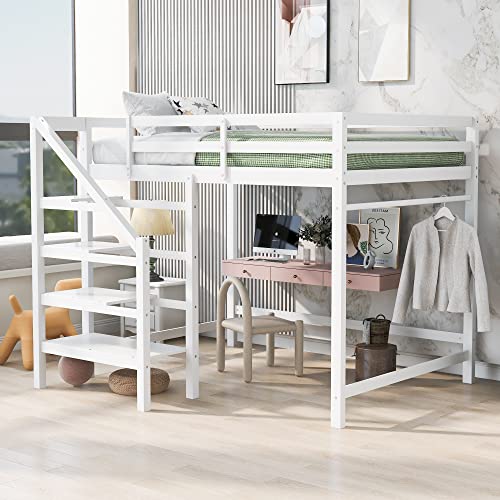 Harper & Bright Designs Full Size Loft Bed with Stairs and Hanging Rod, Wooden Full Loft Bed Frame with Storage Shelf, High Loft Beds for Kids Boys Girls Teens Dorm Bedroom (Full, White)