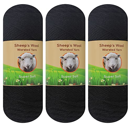 3-Pack Sheep’s 50% Wool Worsted Yarn for Knitting and Crocheting 10.5 oz, 495 Yards Imported (Black 13)
