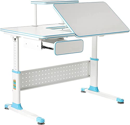 ApexDesk Little Soleil DX 43" Children's Height Adjustable Study Desk w/Integrated Shelf & Drawer (Desk+Chair Bundle – Blue)