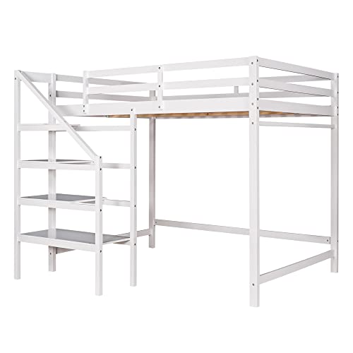 Harper & Bright Designs Full Size Loft Bed with Stairs and Hanging Rod, Wooden Full Loft Bed Frame with Storage Shelf, High Loft Beds for Kids Boys Girls Teens Dorm Bedroom (Full, White)