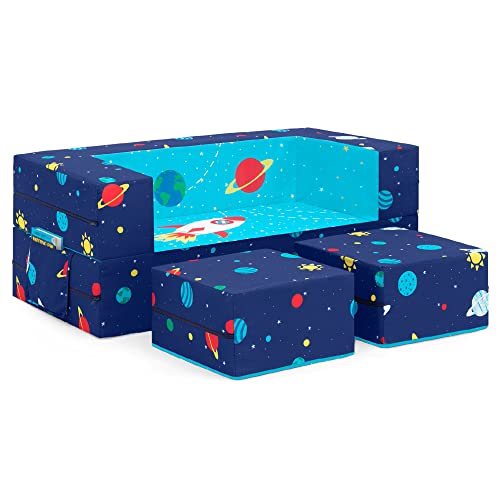 Delta Children Convertible Sofa & Play Set for Kids and Toddlers ā Modular Foam Couch and Flip Out Lounger with 2 Ottomans, Space