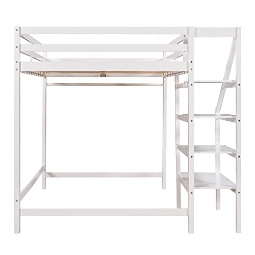Harper & Bright Designs Full Size Loft Bed with Stairs and Hanging Rod, Wooden Full Loft Bed Frame with Storage Shelf, High Loft Beds for Kids Boys Girls Teens Dorm Bedroom (Full, White)