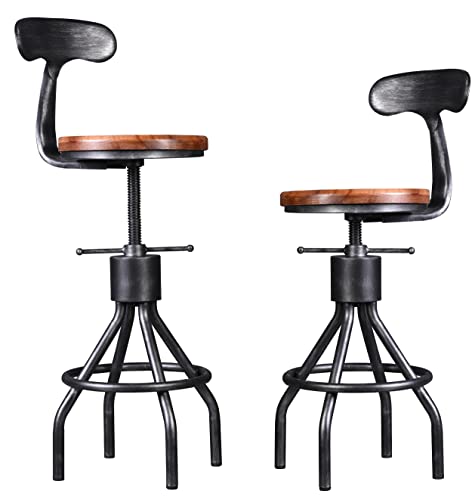 LOKKHAN Set of 2 Rustic Industrial Bar Stool-24-30 Adjustable Metal Swivel Wooden Top Barstools-Counter Height Extra Tall Bar Height-Vintage Farmhouse Kitchen Breakfast Cafe Stool-with Backrest