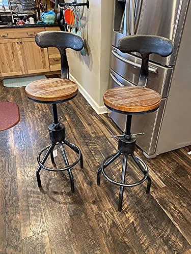LOKKHAN Set of 2 Rustic Industrial Bar Stool-24-30 Adjustable Metal Swivel Wooden Top Barstools-Counter Height Extra Tall Bar Height-Vintage Farmhouse Kitchen Breakfast Cafe Stool-with Backrest