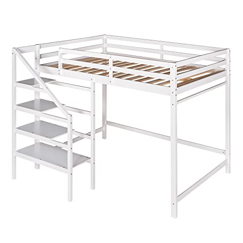 Harper & Bright Designs Full Size Loft Bed with Stairs and Hanging Rod, Wooden Full Loft Bed Frame with Storage Shelf, High Loft Beds for Kids Boys Girls Teens Dorm Bedroom (Full, White)