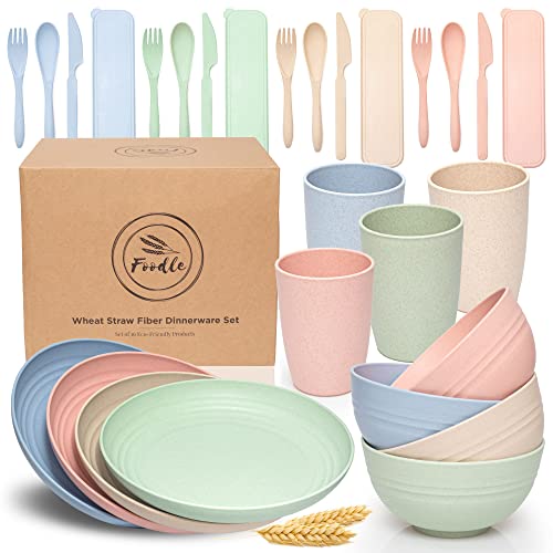 FOODLE Wheat Straw Dinnerware Sets for 4 - Lightweight & Unbreakable Dishes - Microwave & Dishwasher Safe - Perfect for Camping, Picnic, RV, Dorm - Plates, Cups and Bowls - Great for Kids & Adults