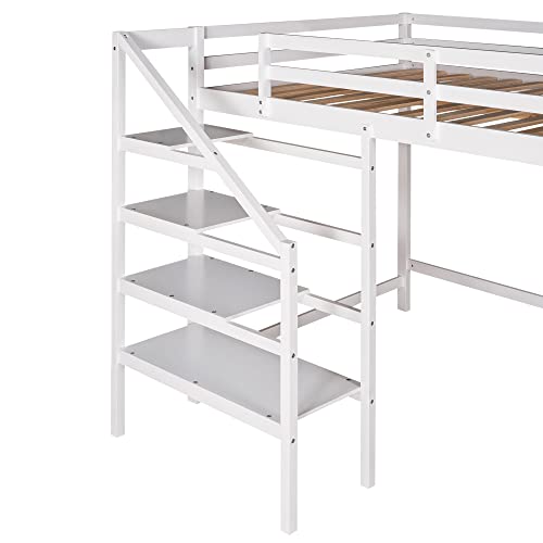 Harper & Bright Designs Full Size Loft Bed with Stairs and Hanging Rod, Wooden Full Loft Bed Frame with Storage Shelf, High Loft Beds for Kids Boys Girls Teens Dorm Bedroom (Full, White)