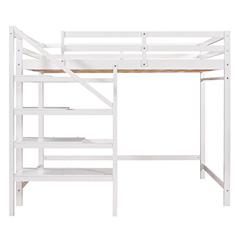 Harper & Bright Designs Full Size Loft Bed with Stairs and Hanging Rod, Wooden Full Loft Bed Frame with Storage Shelf, High Loft Beds for Kids Boys Girls Teens Dorm Bedroom (Full, White)