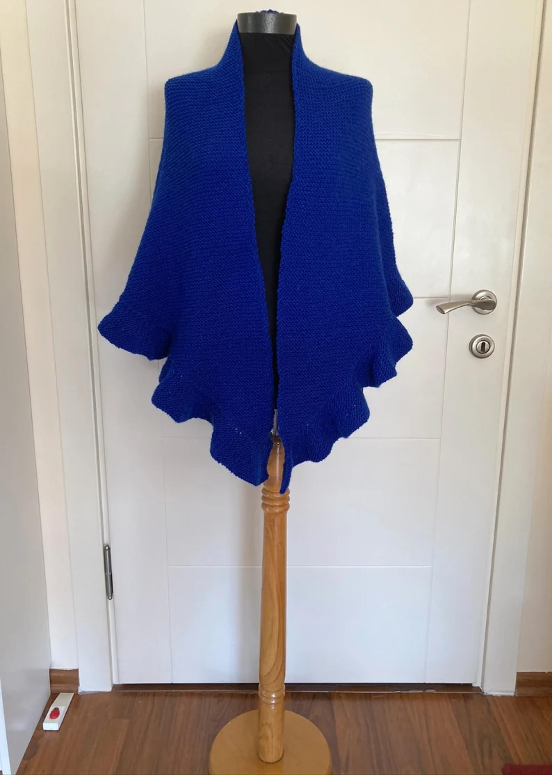 Royal Blue Hand Knit Ruffle Shawl, Scarf, Winter Fashion Women Accessory, Warm Wool Soft Wrap