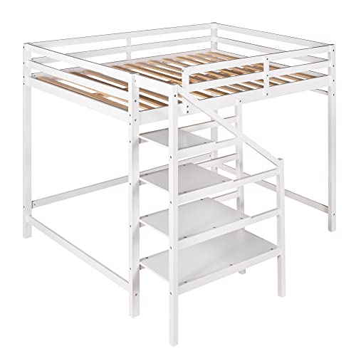 Harper & Bright Designs Full Size Loft Bed with Stairs and Hanging Rod, Wooden Full Loft Bed Frame with Storage Shelf, High Loft Beds for Kids Boys Girls Teens Dorm Bedroom (Full, White)