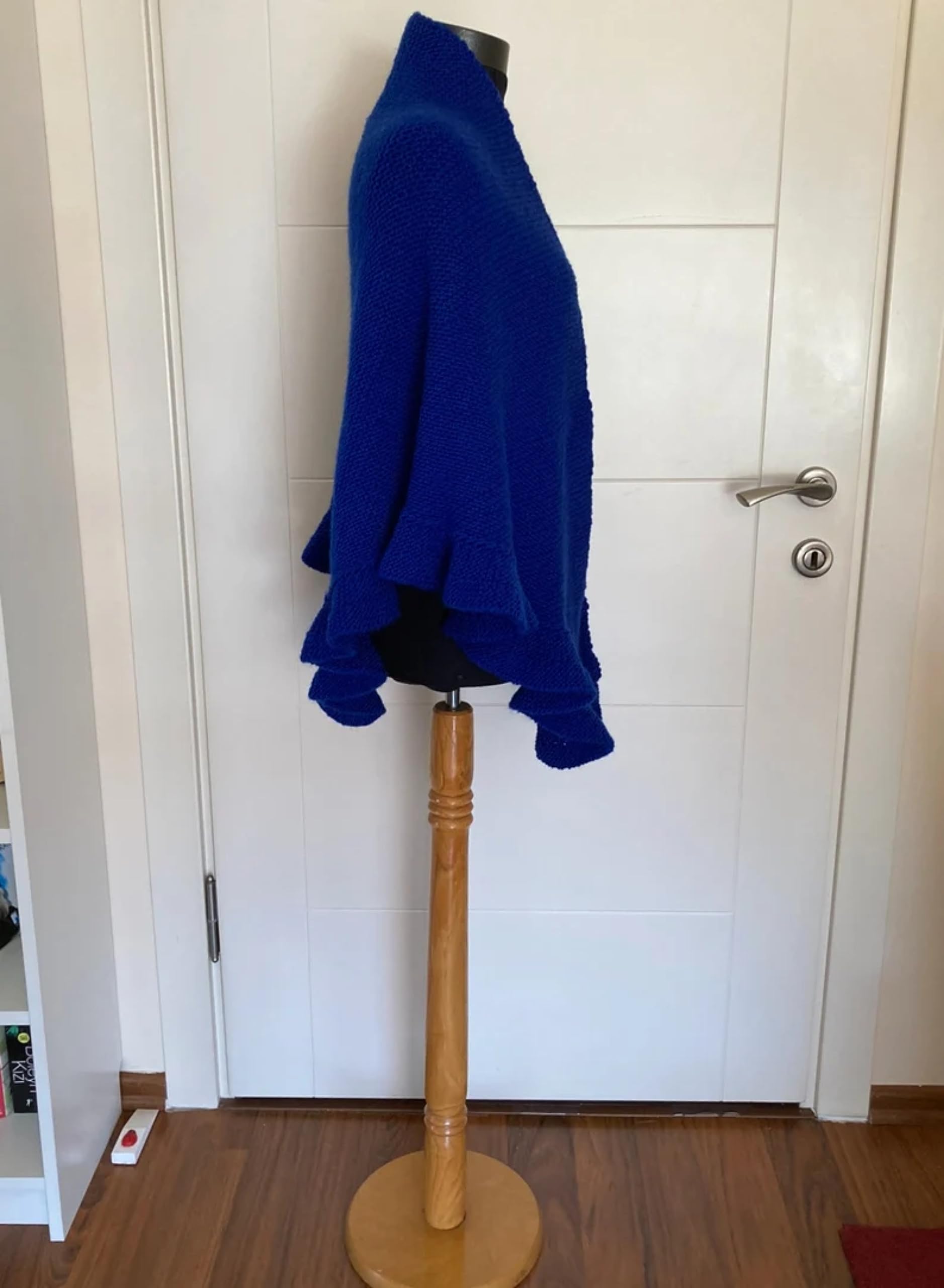 Royal Blue Hand Knit Ruffle Shawl, Scarf, Winter Fashion Women Accessory, Warm Wool Soft Wrap