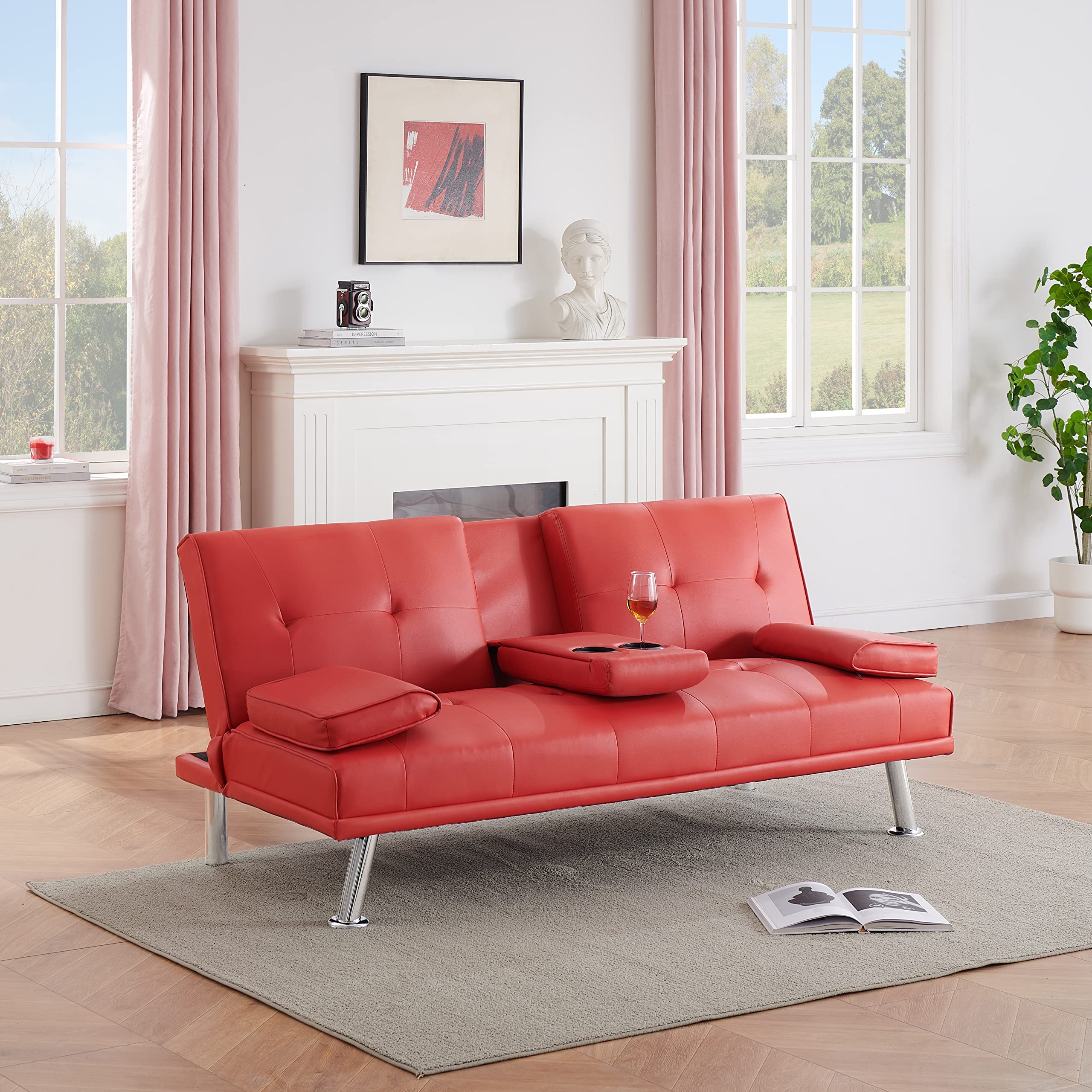 FIQHOME 67" Multifunctional Sofa 2 Cup Holders,Leather Loveseat Sleeper with Removable Armrests,Convertible Folding Couches Bed for Small Spaces,Red