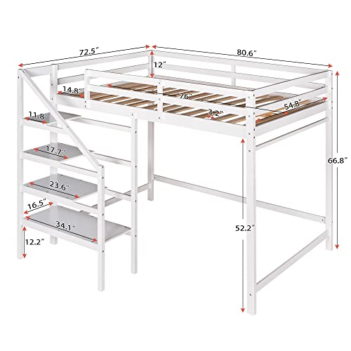 Harper & Bright Designs Full Size Loft Bed with Stairs and Hanging Rod, Wooden Full Loft Bed Frame with Storage Shelf, High Loft Beds for Kids Boys Girls Teens Dorm Bedroom (Full, White)