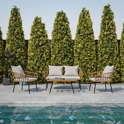 Flash Furniture Evin Boho Patio Conversation Set Rope Rattan-All-Weather Cushions-Tempered Glass Top Coffee Table-Indoor/Outdoor, 4 Piece, Natura/Gray