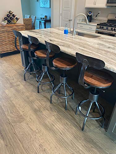 LOKKHAN Set of 2 Rustic Industrial Bar Stool-24-30 Adjustable Metal Swivel Wooden Top Barstools-Counter Height Extra Tall Bar Height-Vintage Farmhouse Kitchen Breakfast Cafe Stool-with Backrest