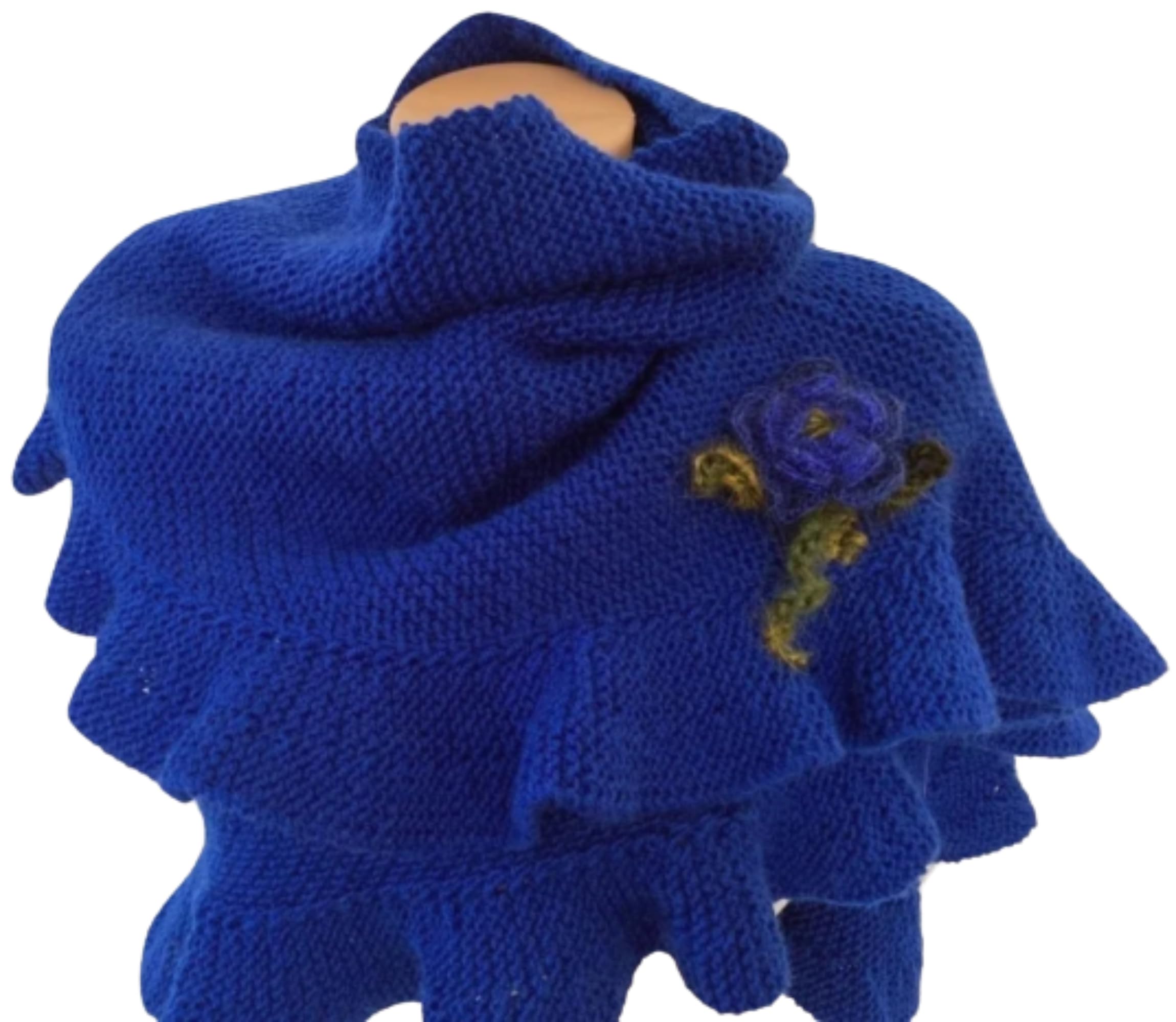 Royal Blue Hand Knit Ruffle Shawl, Scarf, Winter Fashion Women Accessory, Warm Wool Soft Wrap