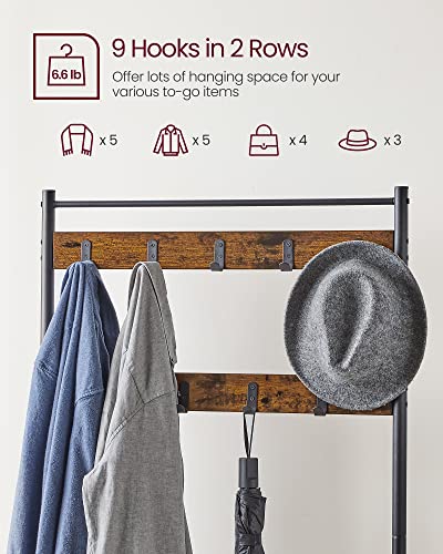 VASAGLE Coat Rack, Hall Tree with Shoe Storage Bench, Entryway Bench with Shoe Storage, 3-in-1, Steel Frame, for Entryway, 12.6 x 27.6 x 69.8 Inches, Industrial, Rustic Brown and Black UHSR41BX