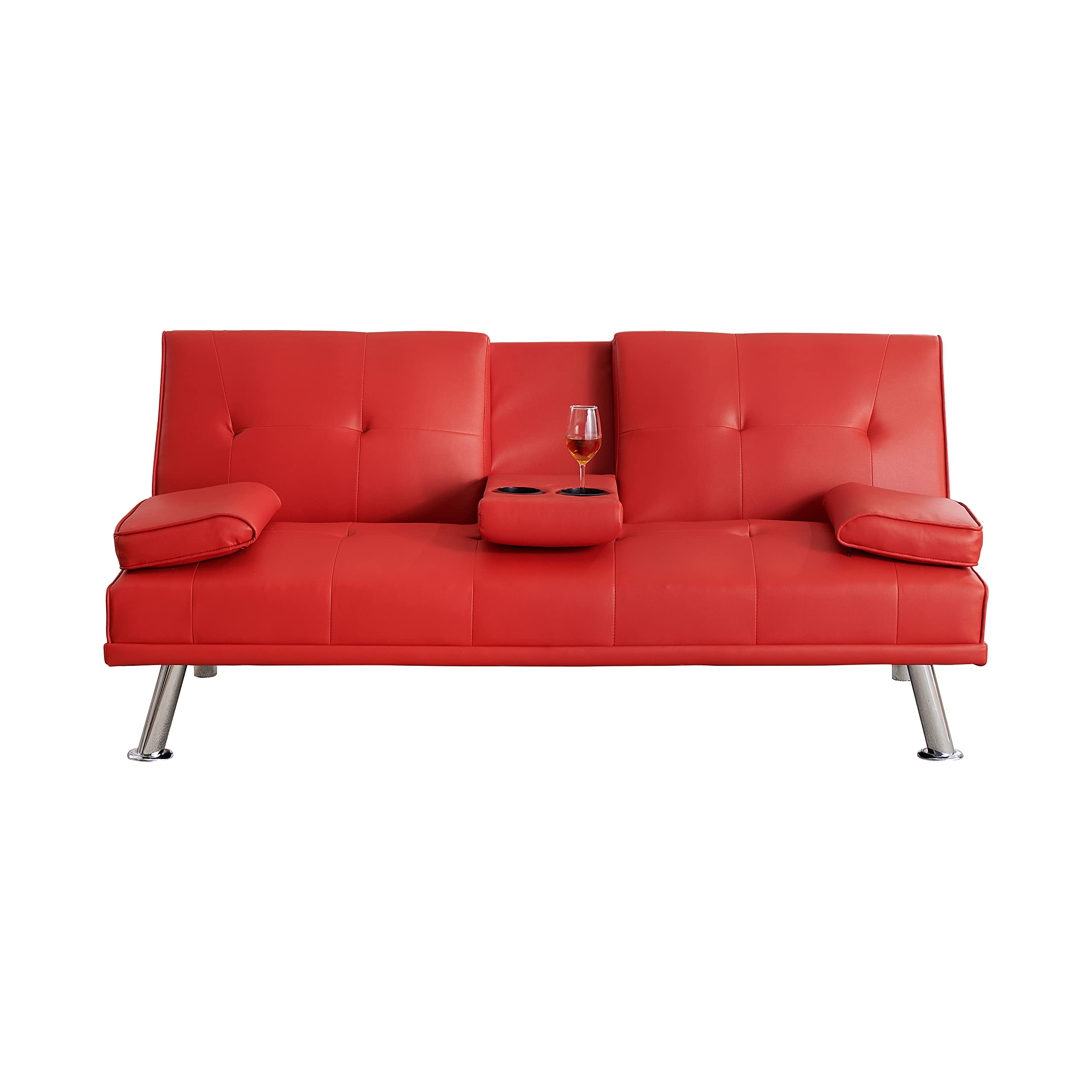 FIQHOME 67" Multifunctional Sofa 2 Cup Holders,Leather Loveseat Sleeper with Removable Armrests,Convertible Folding Couches Bed for Small Spaces,Red