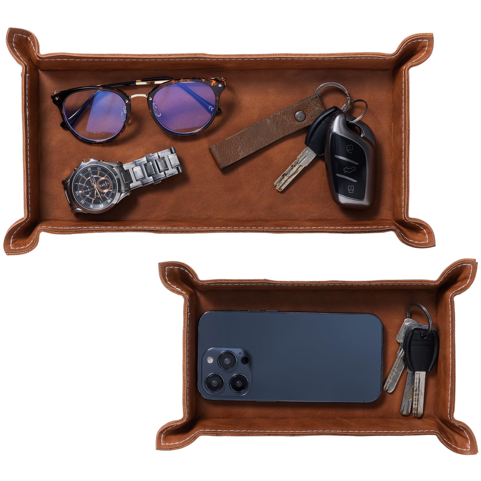 Navaris Faux Leather Valet Tray Set of 2, Catch All Tray, Key Tray for Entryway Table, Nightstand Tray, Catchall for Keys, Watch, Remote, Phone, Valet Tray for Men, Mens Valet Tray