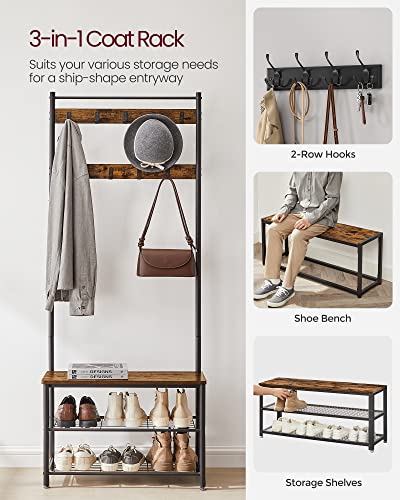 VASAGLE Coat Rack, Hall Tree with Shoe Storage Bench, Entryway Bench with Shoe Storage, 3-in-1, Steel Frame, for Entryway, 12.6 x 27.6 x 69.8 Inches, Industrial, Rustic Brown and Black UHSR41BX