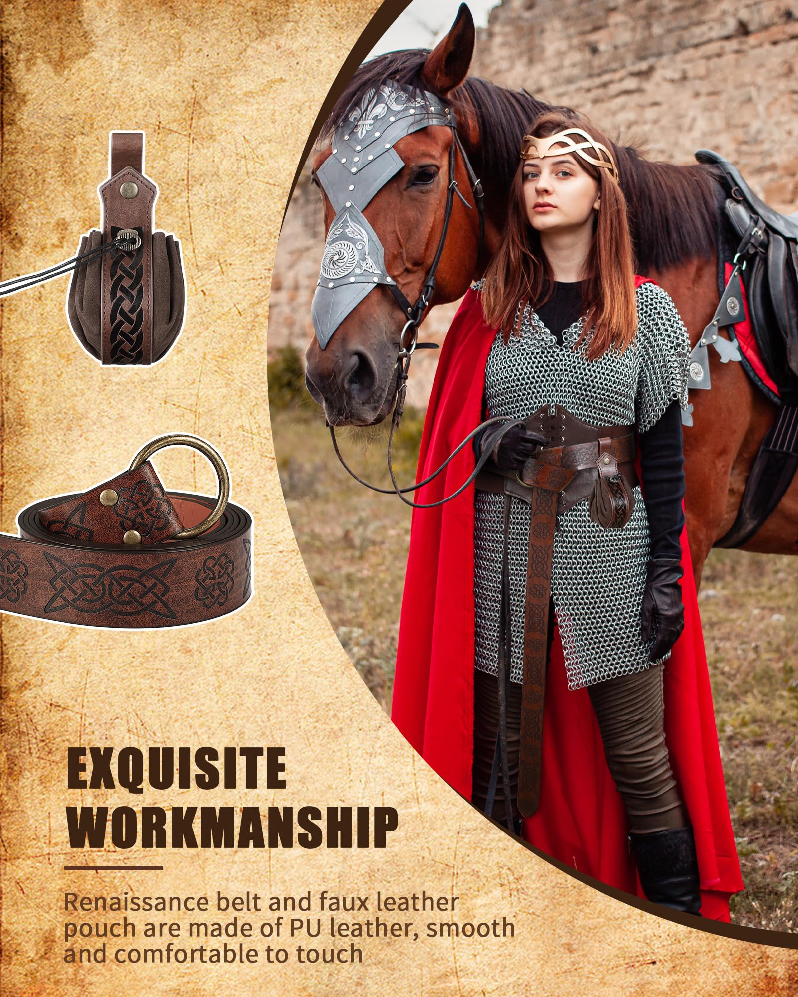 Jiuguva Women's Renaissance Corset Waist Belt Medieval Viking Belt Medieval Leather Belt Pouch Costume Accessories