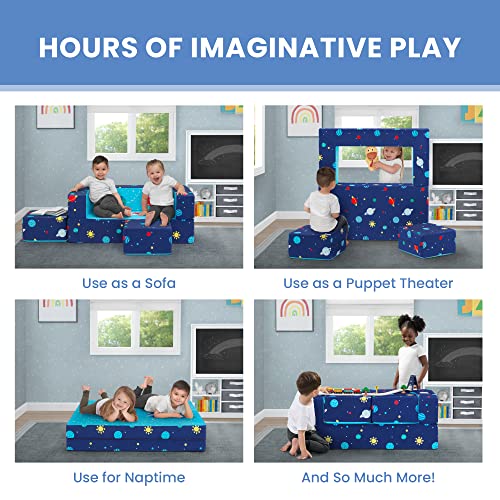Delta Children Convertible Sofa & Play Set for Kids and Toddlers – Modular Foam Couch and Flip Out Lounger with 2 Ottomans, Space