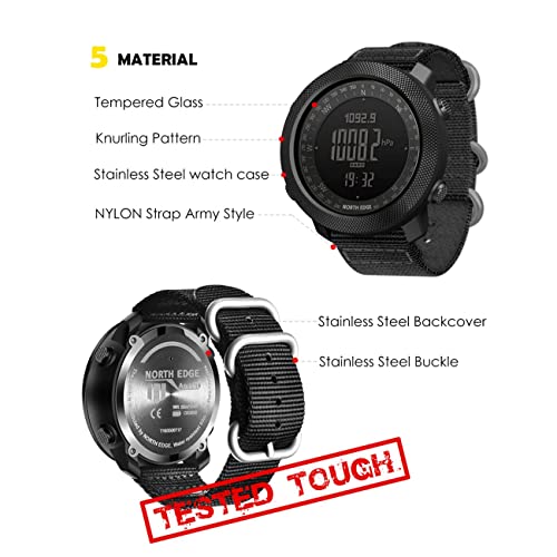 North Edge Apache Tactical Sports Watches for Men Outdoor Survival Military Compass Rock Solid Digital Watches with Durable Band, Steps Tracker Pedometer Calories (Black)