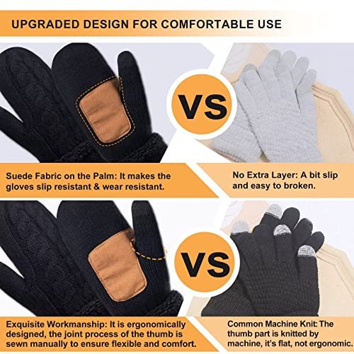 Mittens for Women Cold Weather, Womens Mittens Merino Wool Cable Knit Warm with Thick Thermal Fleece Lined, Winter Gloves with Touchscreen Fingers Anti-Slip(Khaki)
