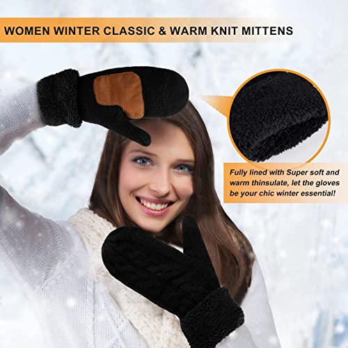 Mittens for Women Cold Weather, Womens Mittens Merino Wool Cable Knit Warm with Thick Thermal Fleece Lined, Winter Gloves with Touchscreen Fingers Anti-Slip(Khaki)